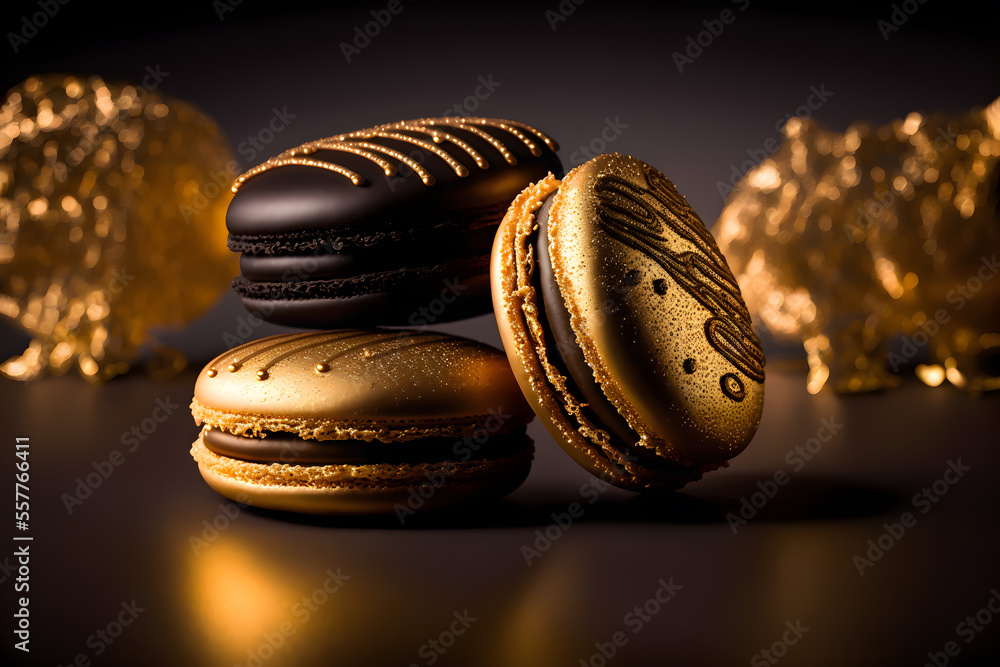 Illustrative 3D design of macarons. Golden and black special edition ...