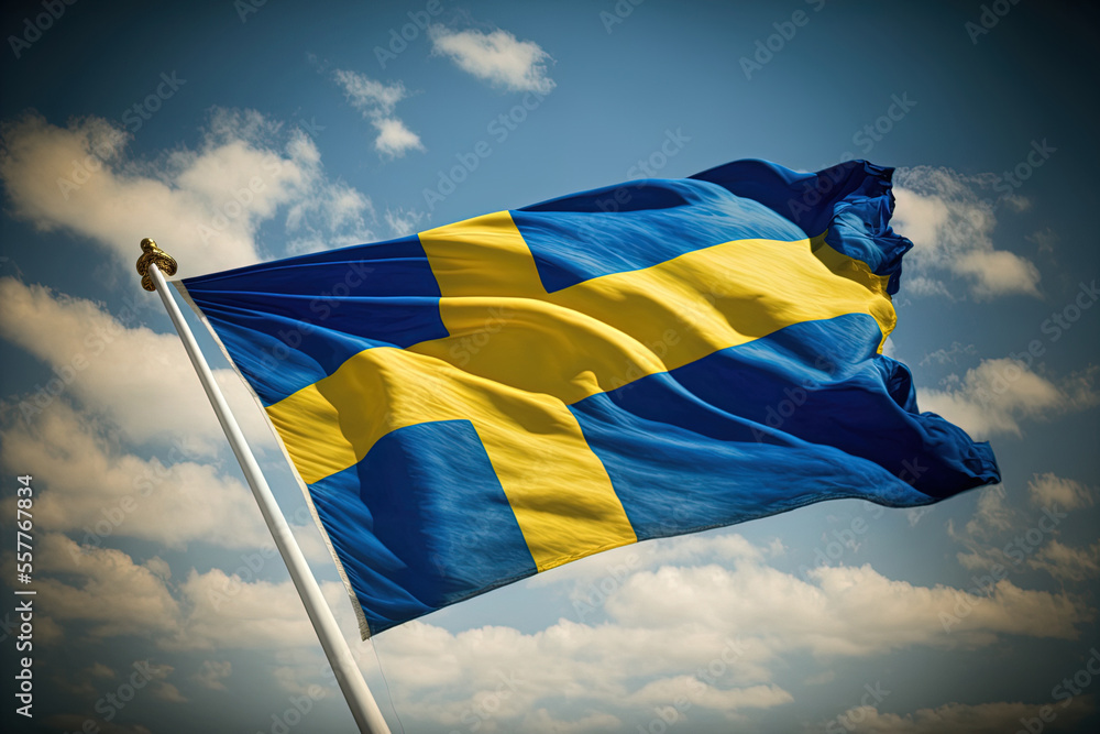 The Swedish flag. The Swedish Kingdom's official state emblem. a ...