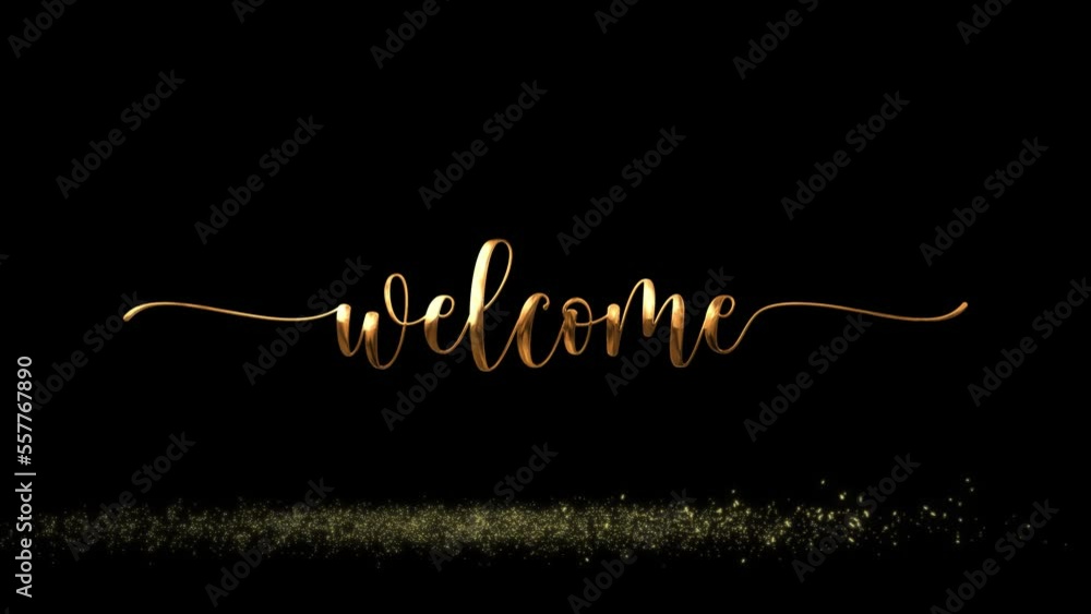 Welcome animation with gold handwritten text and falling particles on a ...