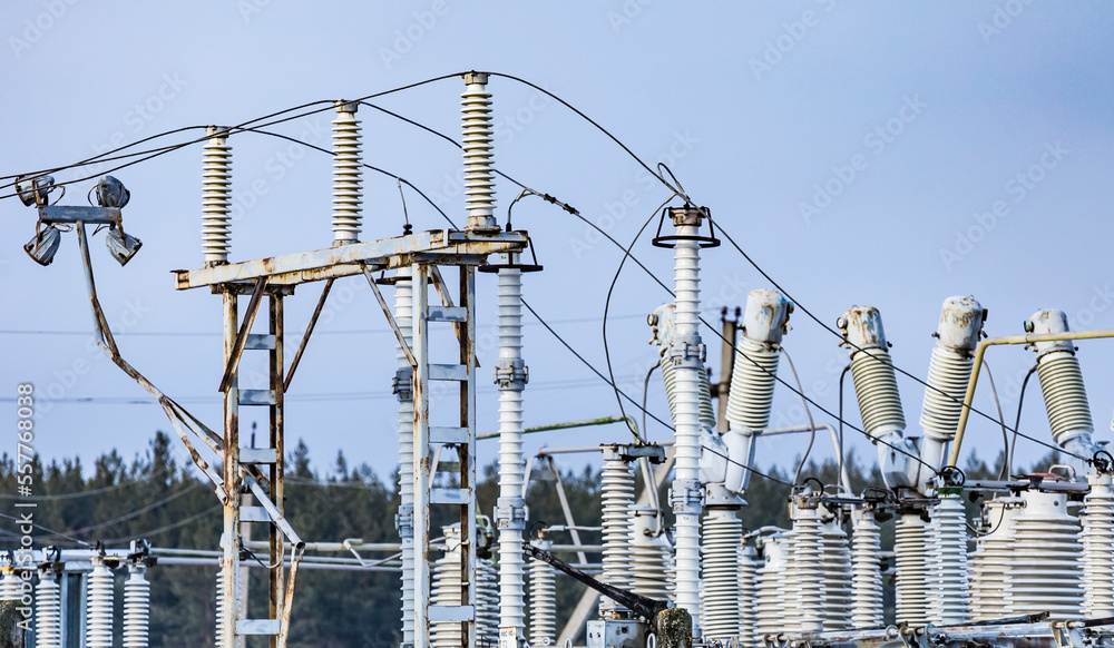 High voltage vintage electrical substation in Ukraine in winter. Wiring ...