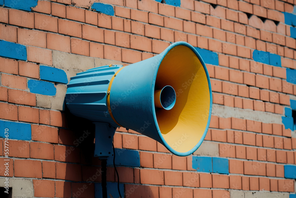 Brick wall speaker that is loud. Megaphone mounted atop a structure ...