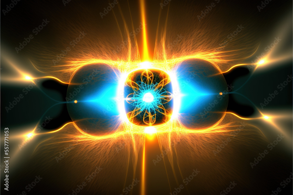 Nuclear fusion reaction, artist view, 3D render, blue and orange ...