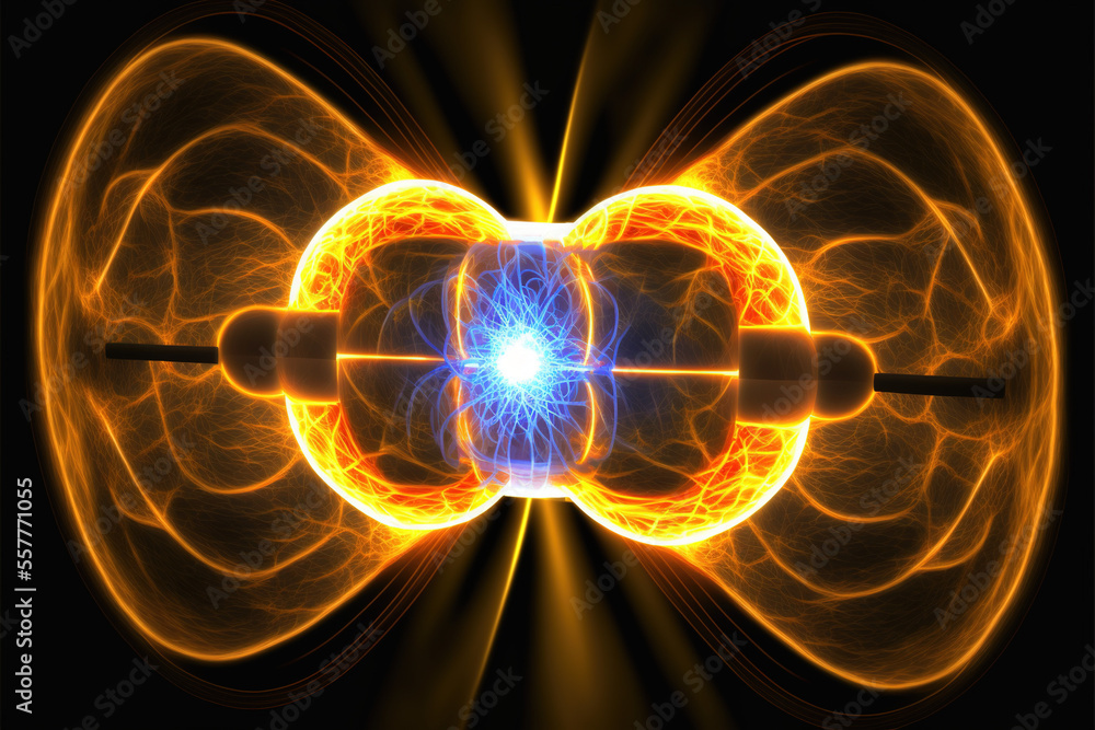 Nuclear fusion reaction, artist view, 3D render, blue and orange ...
