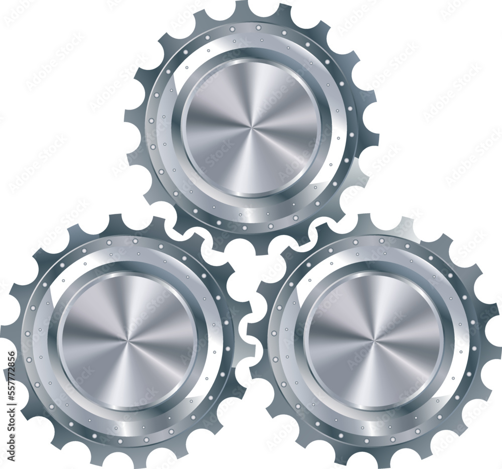 Cog gears mechanism include three metallic elements on top view ...