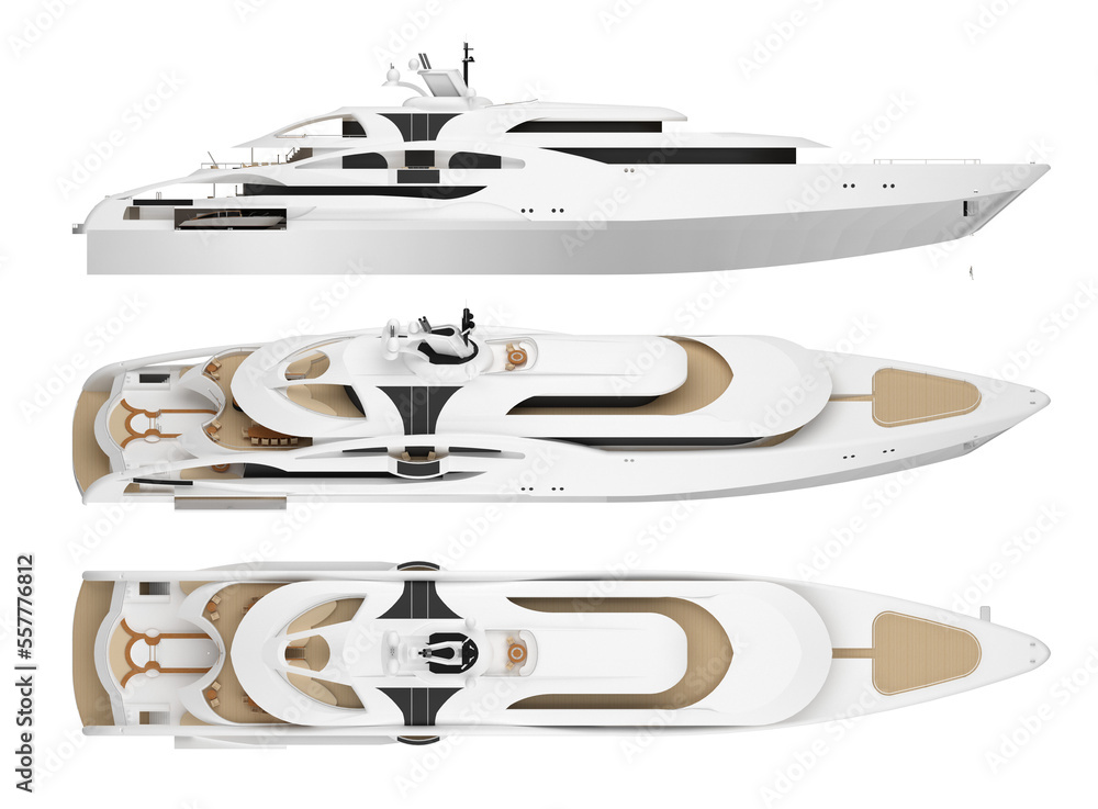 large long luxury stylish yacht side and top view isolated. 3d ...