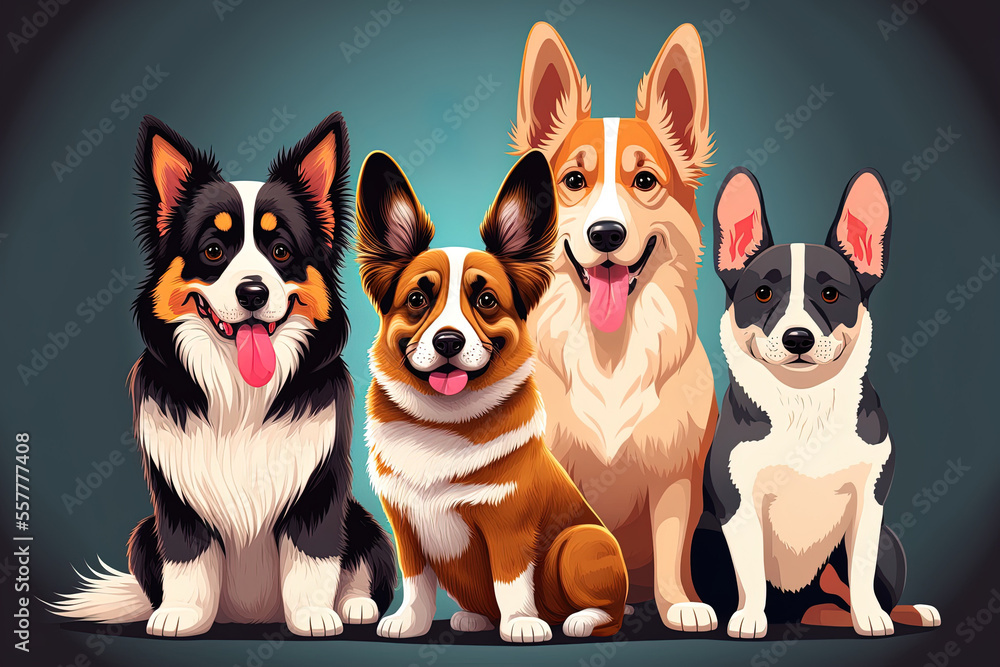 Dogs in a cute group photo. Puppies of all breeds, all smiling, posing ...