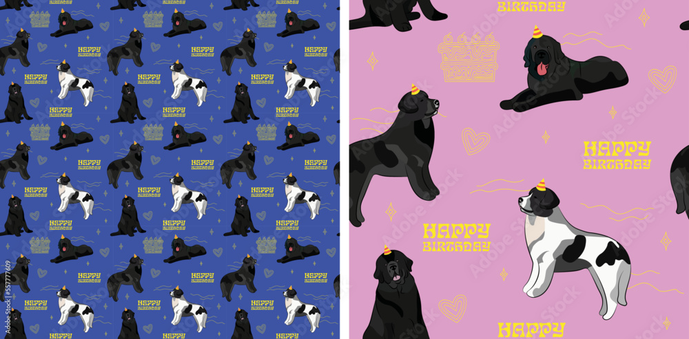 Happy Birthday Pattern with Newfoundland dog in a party hat, seamless ...