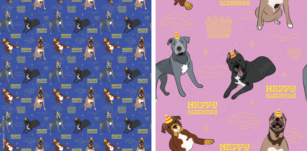 Happy Birthday Pattern with Pit Bull dog in a party hat, seamless ...