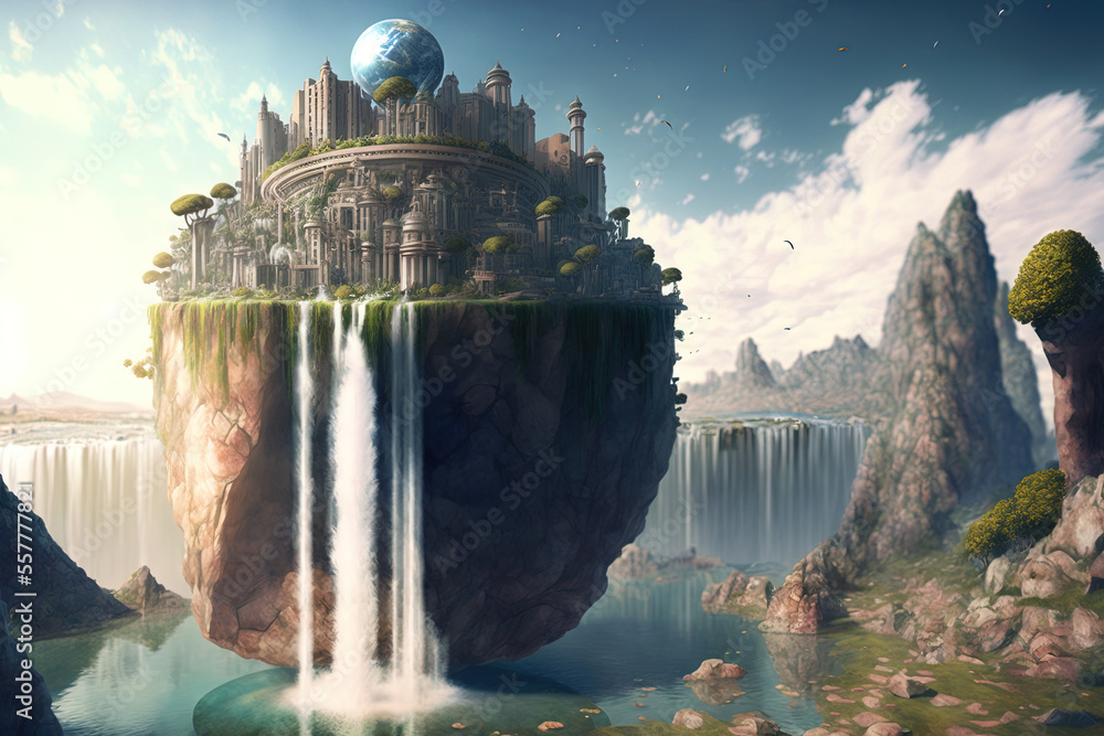 Panorama of the surrounding area showing a waterfall, floating island ...