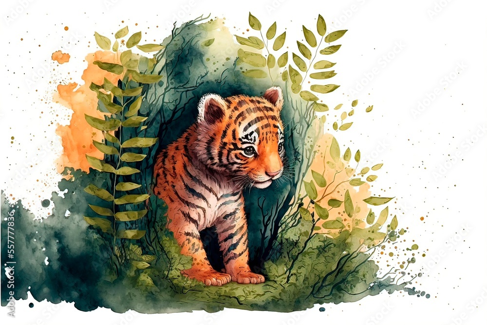 Cute tiger cub standing and hiding in a hollow of a tree in the forest ...