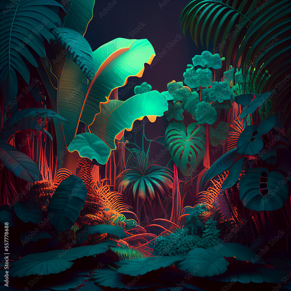 Neon Jungle: 3D Render of a Vibrant, Futuristic, Spacy Rainforest Scene ...