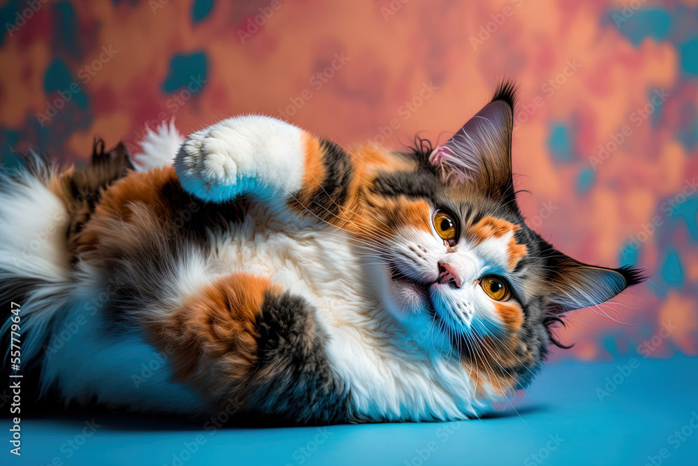 Cute cat on colorful backdrop, laying on its back with its paws raised ...
