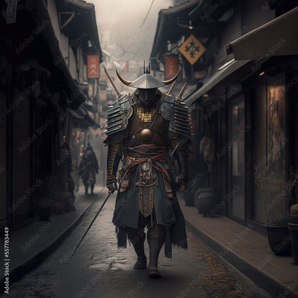 samurai with armor and sword walking in the village Stock Illustration ...