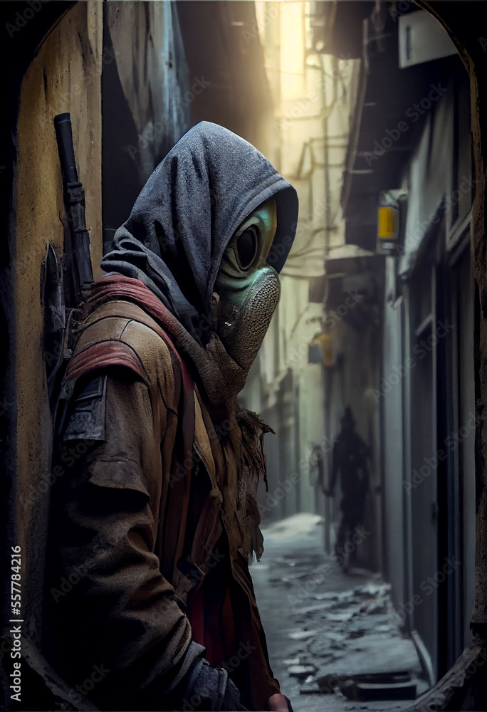 Rogue in an alleyway sneaking ai art Stock Illustration | Adobe Stock