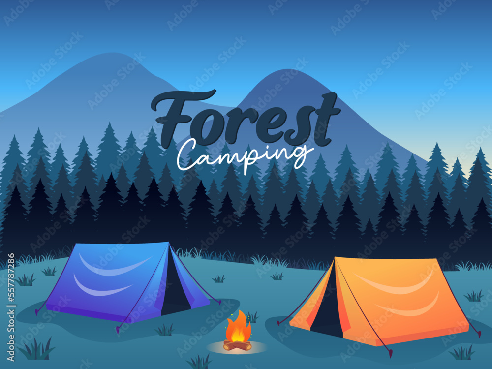 Summer camp in the forest. Two tents with a campfire. Suitable for ...