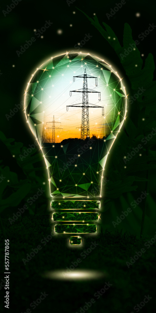 High-voltage power lines in a symbolic light bulb on a green background ...