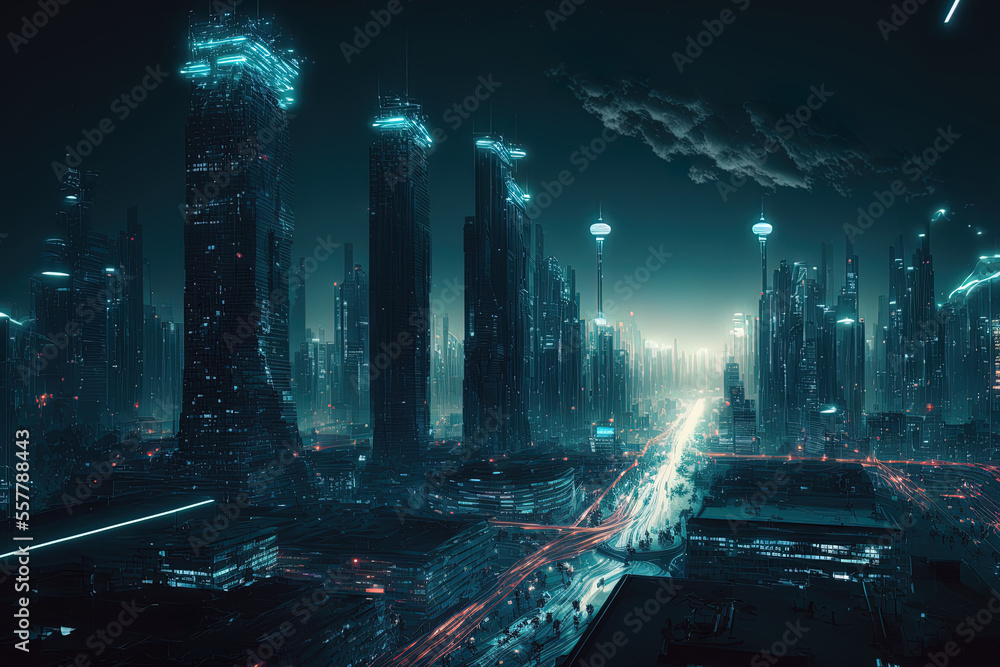 Illustration of the nighttime cityscape in cyberspace. The setting is ...
