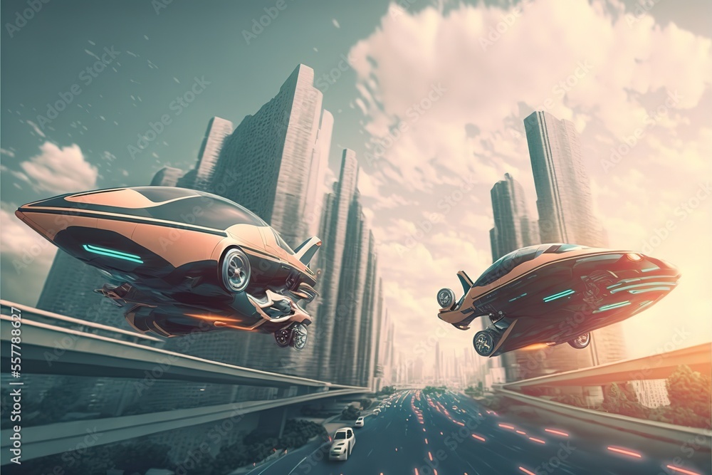 Flying cars in the city of the future Stock Illustration | Adobe Stock