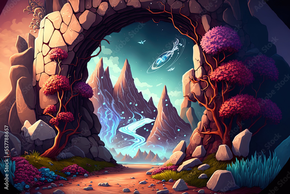 Magical gateway with flying pebbles all around on a mountain cliff ...