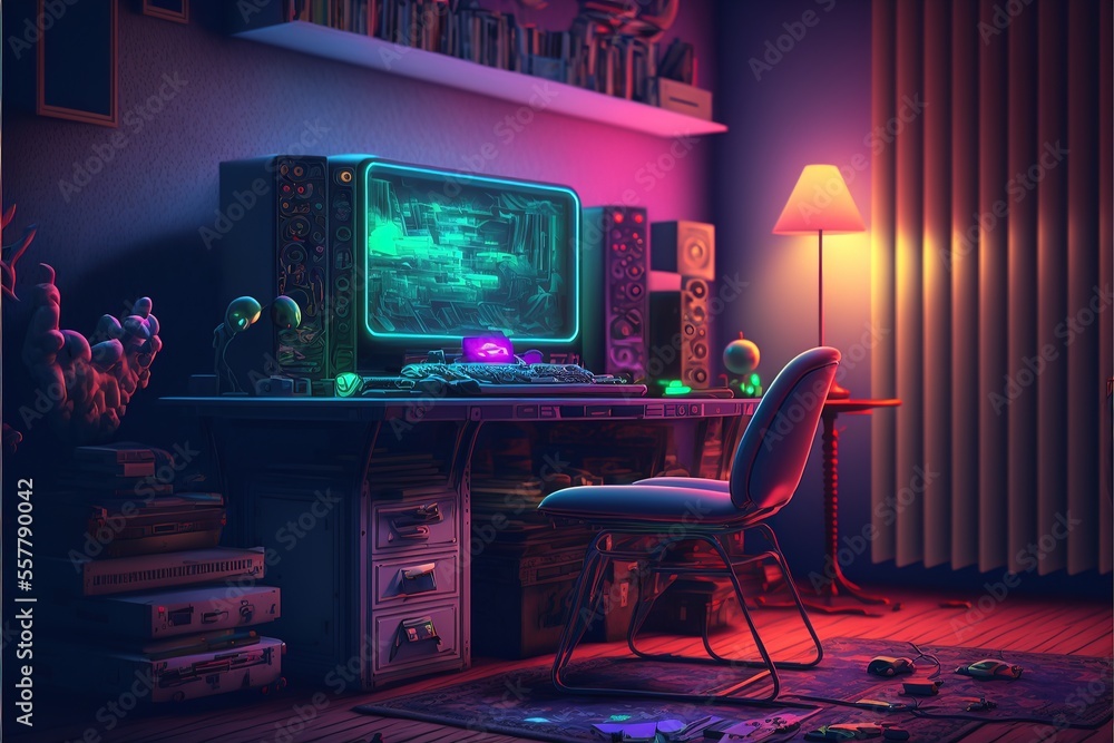 Games room with a cyber gamer computer. digital art. AI Stock ...