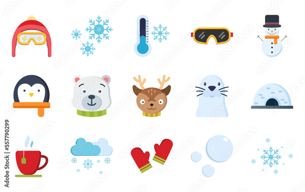 Winter icons with vector cartoon illustration style. Vector winter ...