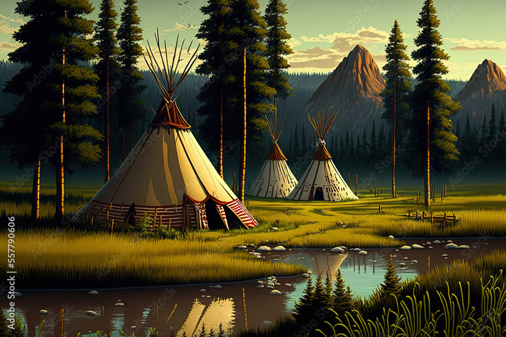 Tepees, or traditional Native American homes, are shown in a digital ...