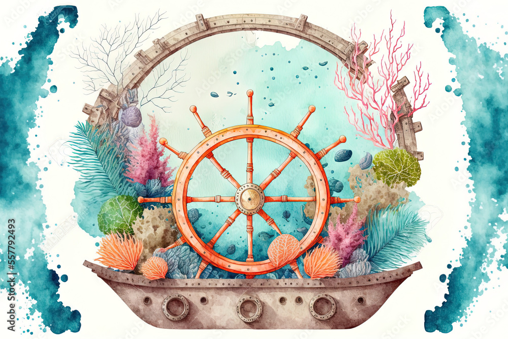 Horizontal board with corals and steering wheels the watercolor ...