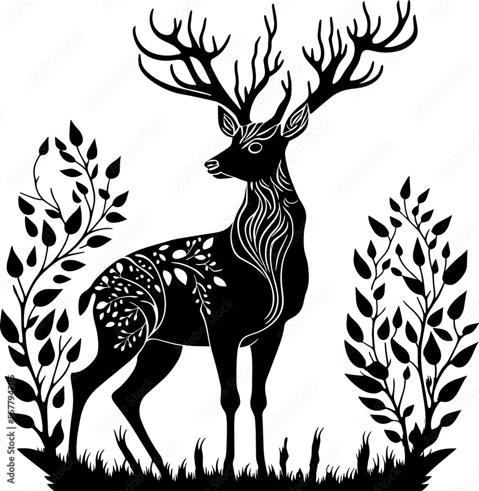 Deer illustration black and white. Great for engraving purposes. Black ...