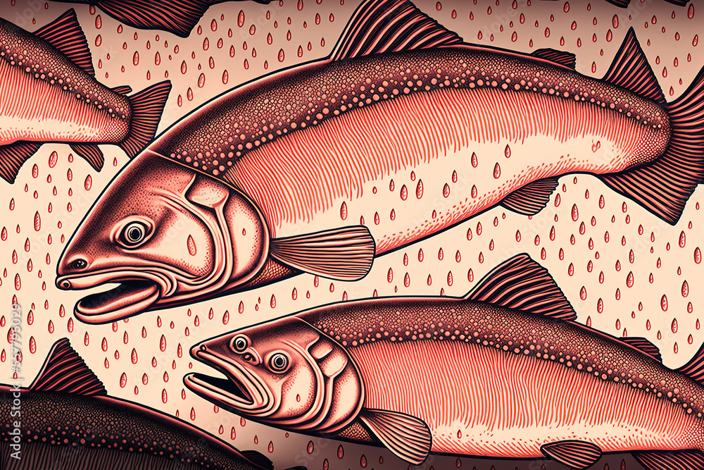 Background of pink or Atlantic salmon realistic drawing on waves ...