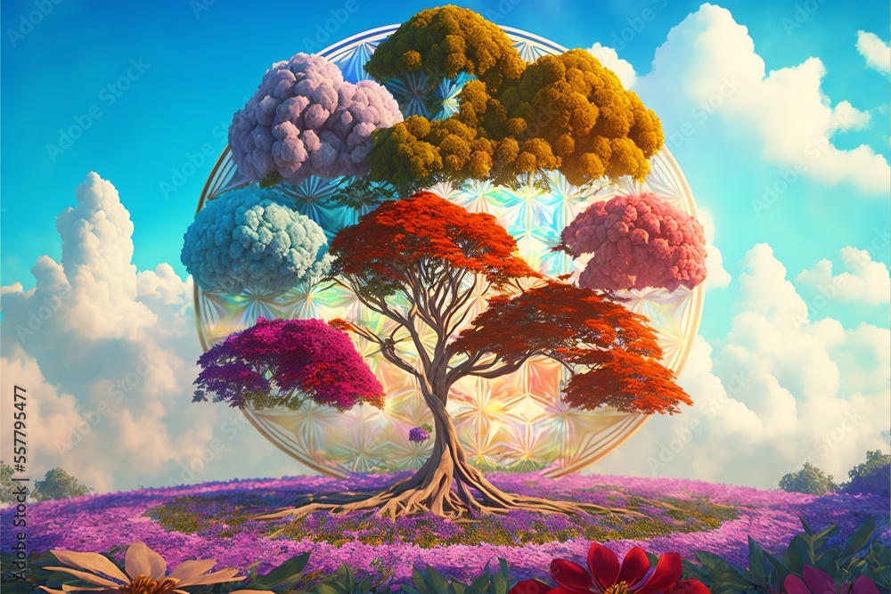 sacred geometry spiritual art tree sky cloud ai Stock Illustration ...