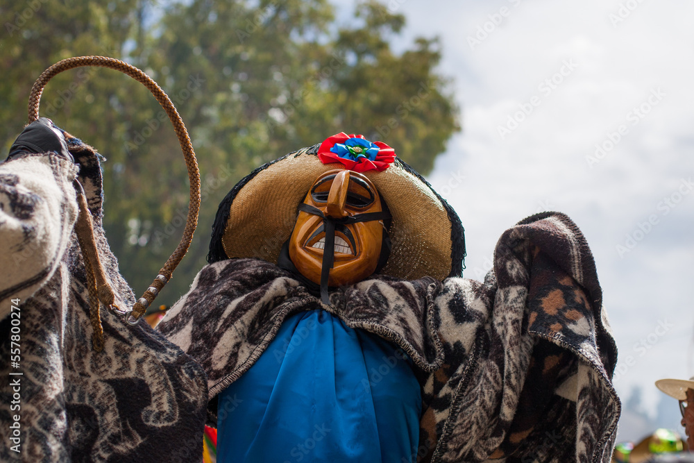 Folkloric dancers dancing the "Huaconada", a typical dance of central ...