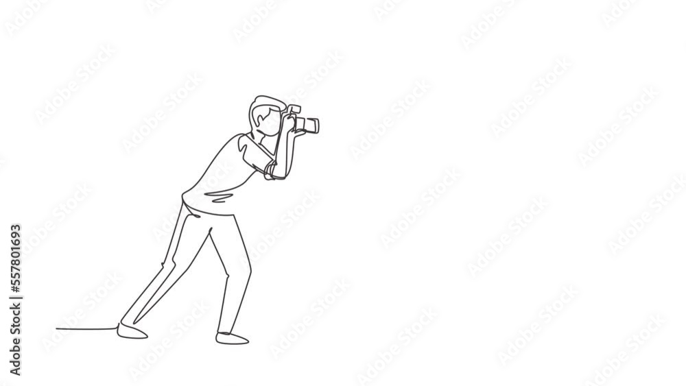 Self drawing animation of single line draw journalist with backpack ...