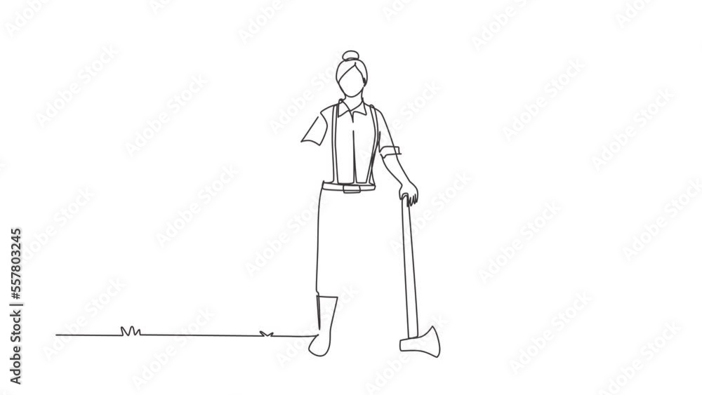 Self drawing animation of single line draw woman lumberjack with axe ...