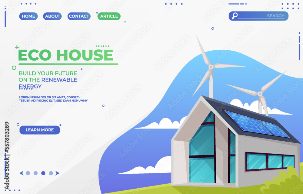 Modern eco house and windmill, solar energy panels. Smart home and save ...