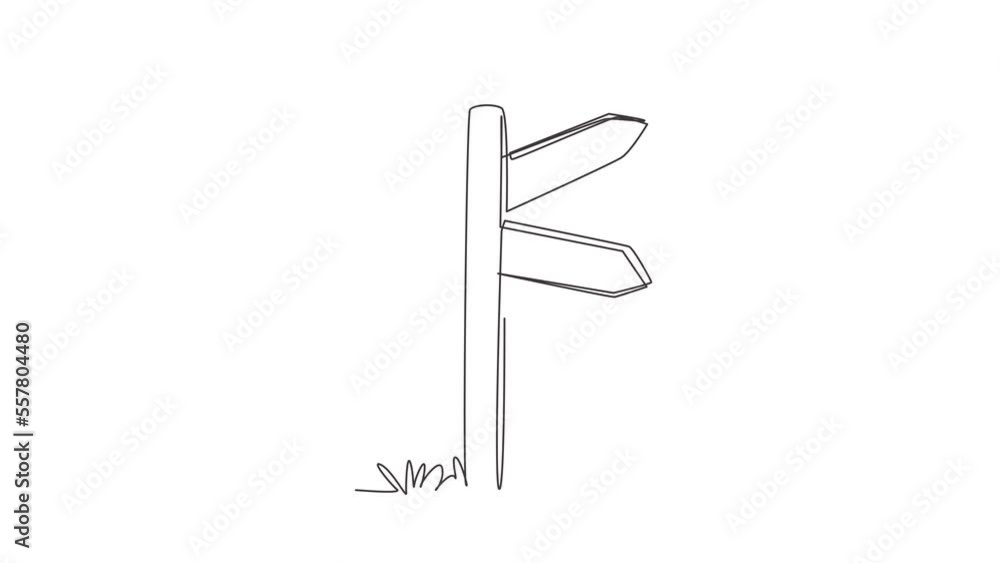 Animated self drawing of continuous line draw wooden way direction sign ...