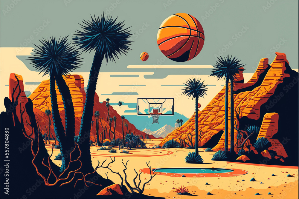 Postmodern Basketball Landscape, Mountains, Cactus and Desert, Surreal ...