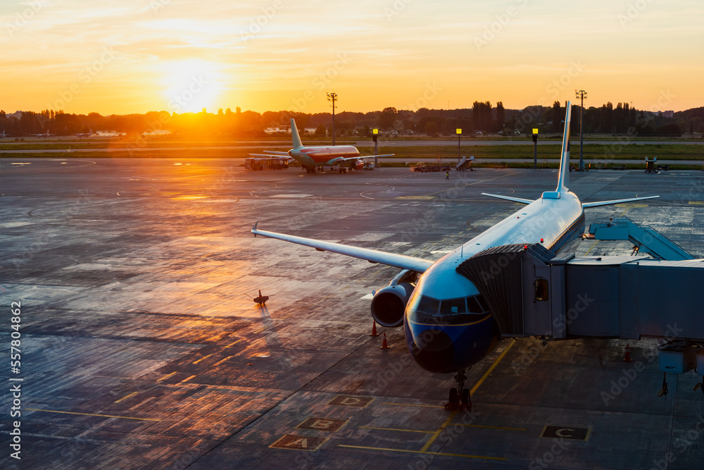plane at terminal gate ready for boarding. Passenger boarding bridge ...