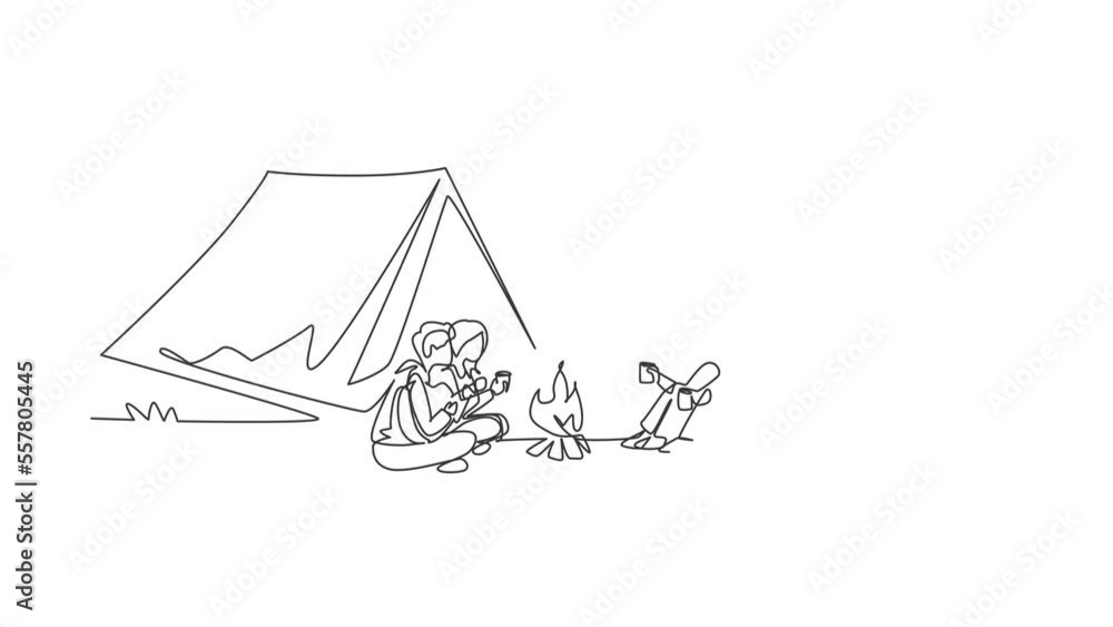 Self drawing animation of single line draw couple camping around ...