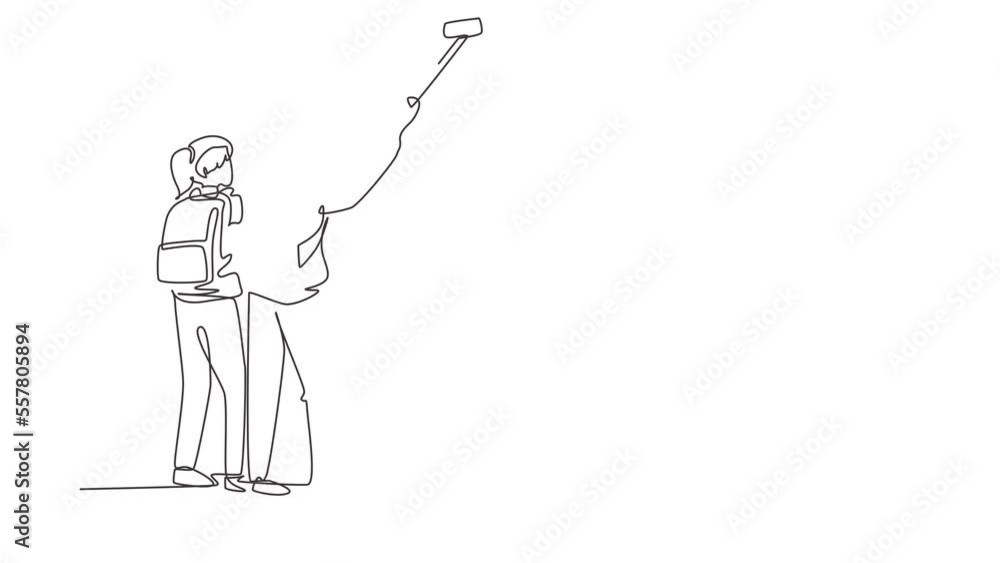 Animated self drawing of continuous line draw man woman hikers with ...