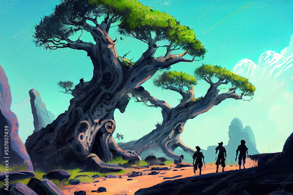 astronauts walk under a giant tree on an alien planet Stock ...