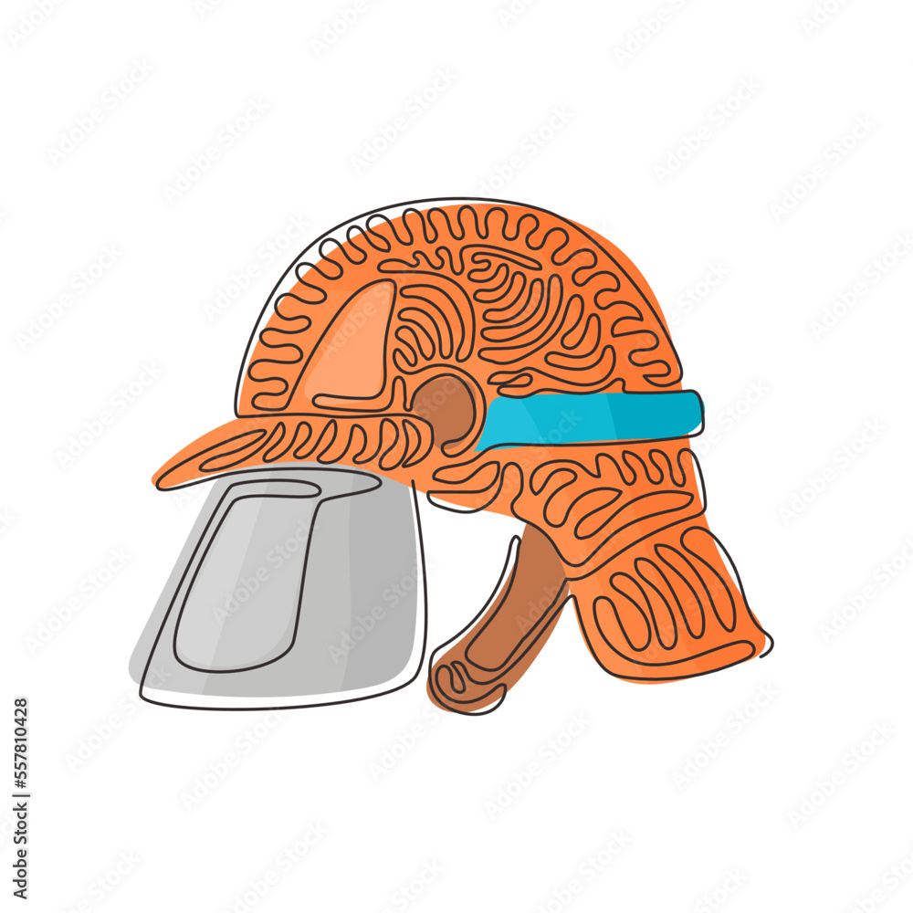 Single continuous line drawing red firefighter helmet with protective ...