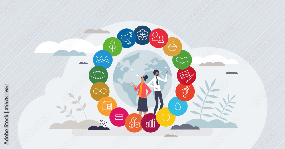 SDG or sustainable development goal elements tiny person concept ...