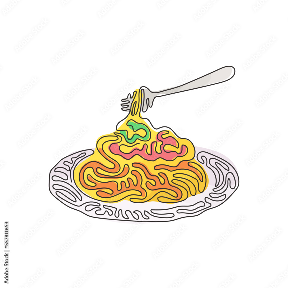 Continuous one line drawing spaghetti bolognese with fork on plate ...
