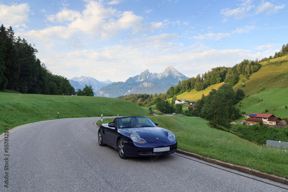 Berchtesgaden, Germany - July 25, 2021: Blue roadster Porsche Boxster ...
