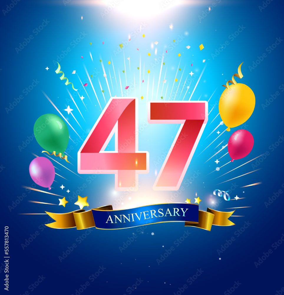 47th Anniversary with balloon, confetti, and blue background Stock ...