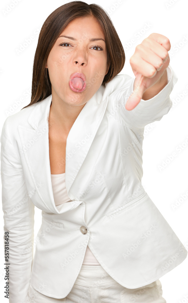 Portrait of businesswoman sticking out tongue while gesturing thumbs down isolated over white ...