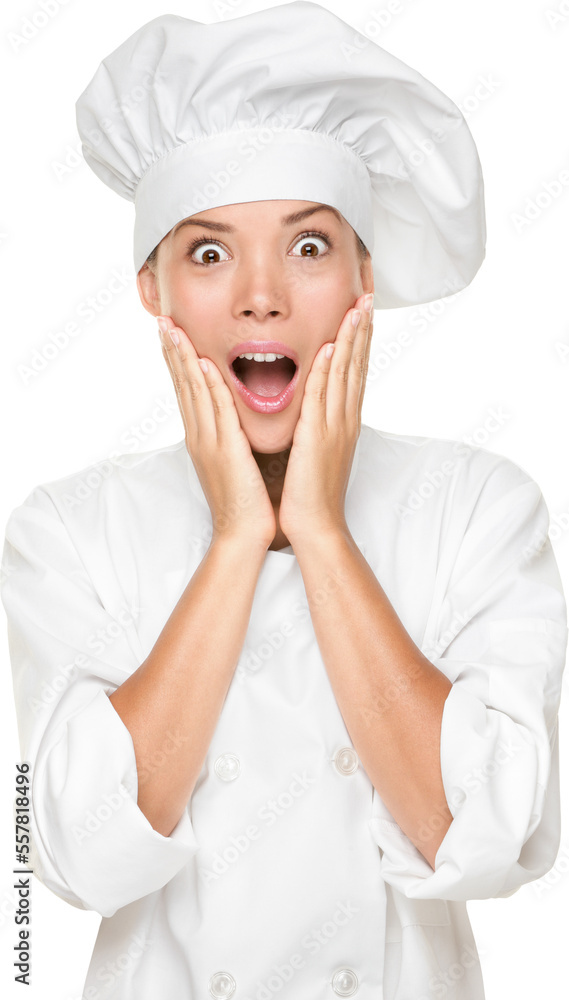 Chef or baker surprised excited and shocked. Woman in chefs uniform and ...