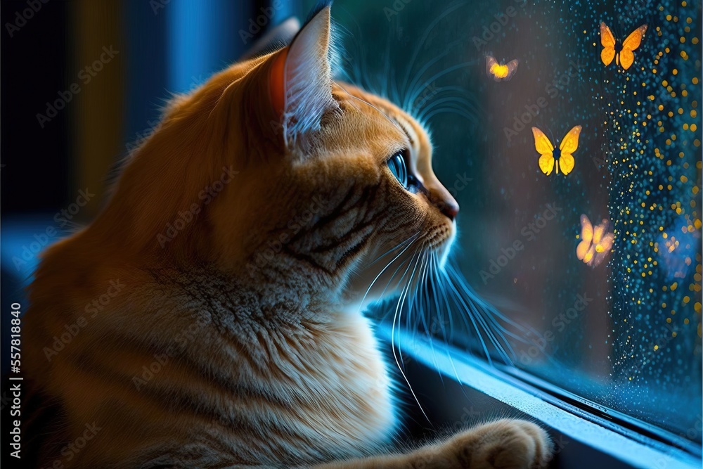 a cat looking out of a window at a butterfly pattern on the window sill ...