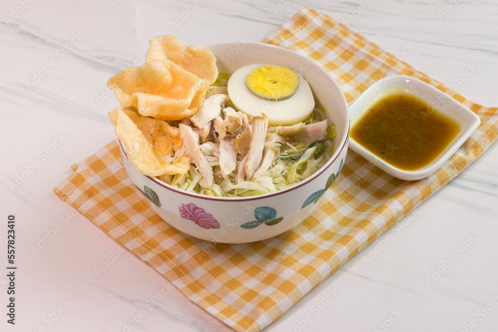 Chicken Soto with chili sauce or Soto Ayam in Indonesia. Soto ayam is a ...