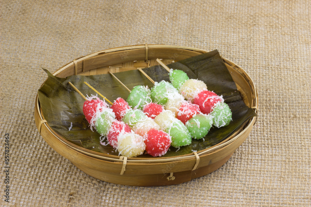 Cenil Cake with grated coconut Served in bamboo plate. Cenil is ...